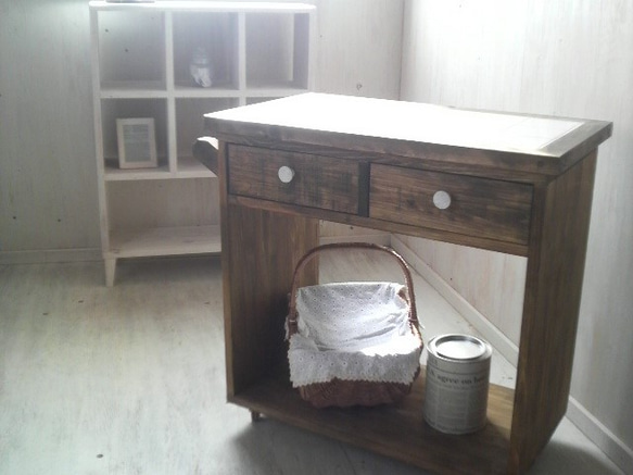 アンティークテイスト タイルトップ移動式ワゴン キッチンワゴン キャスター付 キッチン収納 オーダー可 店舗什器 ローテーブル・リビング ...