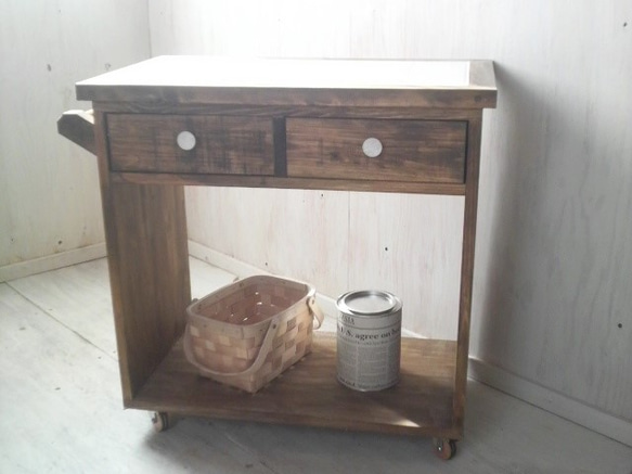 アンティークテイスト タイルトップ移動式ワゴン キッチンワゴン キャスター付 キッチン収納 オーダー可 店舗什器 ローテーブル・リビング ...