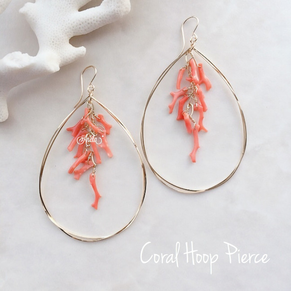 coral hoop earring ピアス（フック・チェーン） Anela* 通販｜Creema(クリーマ) 9666158