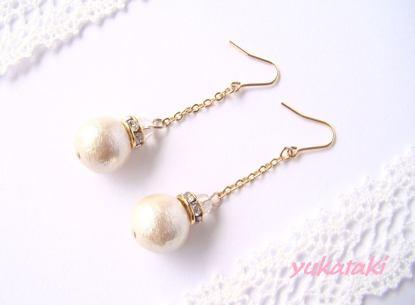 【再販2】コットンパールとロンデルリングのピアス ピアス（フック・チェーン） yukataki 通販 1397342｜Creema(クリーマ)