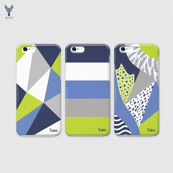 【送料無料】選べるデザイン☆三角/ボーダー/北欧 ネイビー×ブルー×黄緑 iPhone/スマホケース 文字入れ♪ スマホケース・カバー ...
