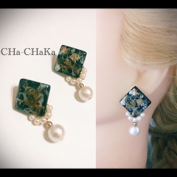 マーブルスクエアーのコットンパールピアス ピアス（スタッド・一粒） CHa-CHaKa 通販｜Creema(クリーマ) 3512040