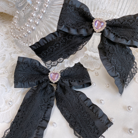 【お試し価格】量産型♡リボンヘアクリップ ブラックレース (パープルハート) ヘアクリップ・バナナクリップ Sugartime＠5/1～当面の ...