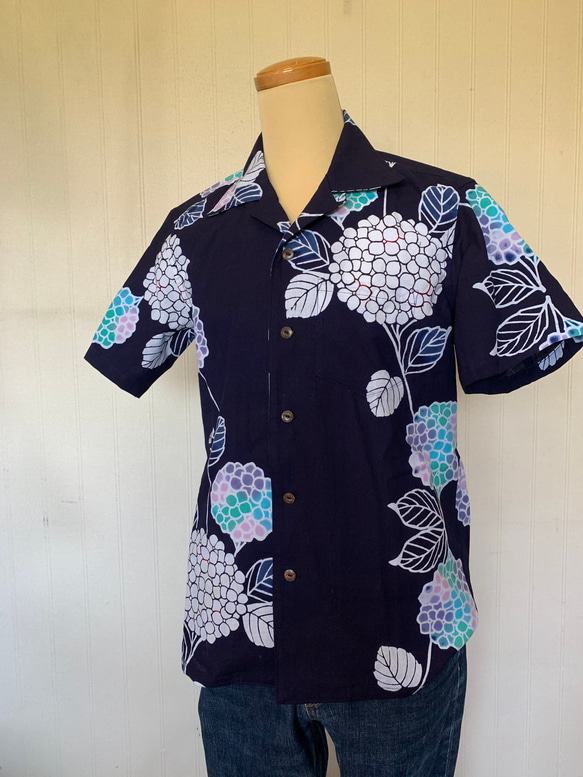 着物リメイク 浴衣地アロハシャツ 紺地に紫陽花 メンズ Sサイズ シャツ・ブラウス（メンズ） 時色 通販 11548857｜Creema(クリーマ)