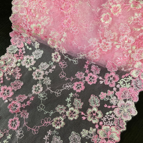 刺繍チュールレース 両耳 ピンク ドール ドレス 洋服 白 両端 桜 刺繍チュールレース 両耳 ピンク ドール ドレス 洋服 白 両端 桜