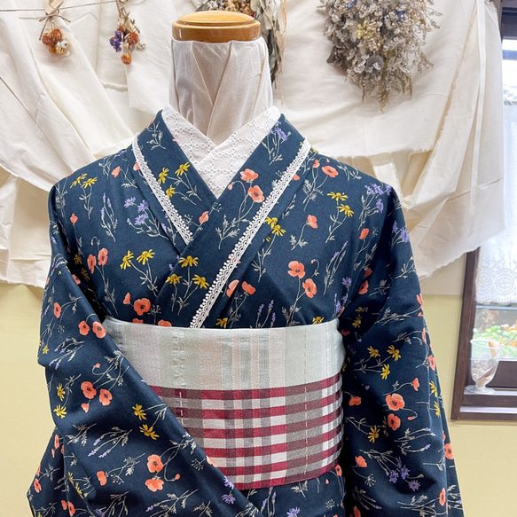 カジュアルきもの ネイビーにアネモネ 着物 aurora.kimono 通販｜Creema(クリーマ) 12077261