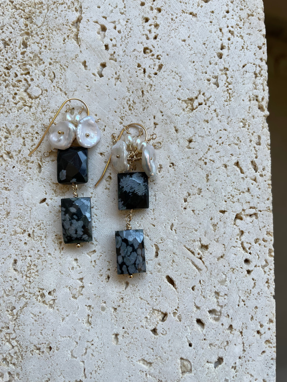 14kgf スノーフレークオブジリアン&ケシパール ピアス（フック・チェーン） by serena 通販｜Creema(クリーマ)