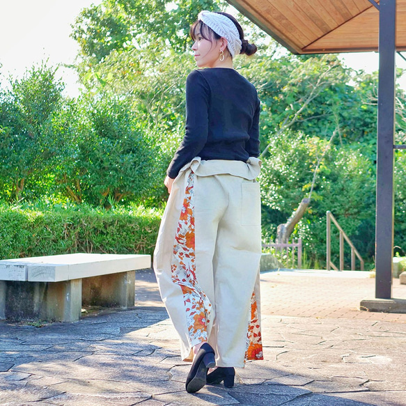 【特集掲載】サイズフリー ハーフリネンのタイパンツ(漁民パンツ)ワイドパンツ ガウチョパンツ 麻 綿 ：オレンジフラワー キュロット・ワイド ...