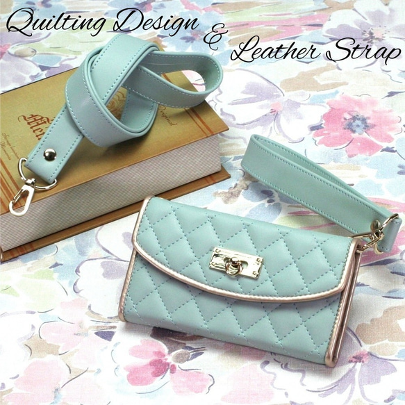 手帳型iphoneケース&レザーストラップ 3点セット 大人可愛い 贈り物 iphoneXs iphone8 ターコイズ iPhoneケース ...