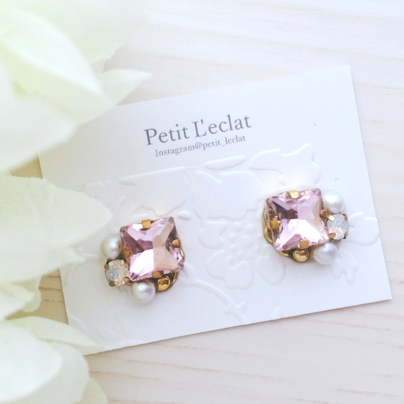 しかくライトピンクビジューピアス/イヤリング イヤリング・ノンホールピアス Petit L'eclat 通販 5104701｜Creema(クリーマ)