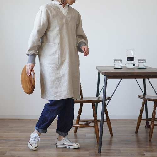 wafu】中厚 リネン割烹着 リブ付かっぽう着 ワークウェア wafu】中厚 リネン割烹着 リブ付かっぽう着 ワークウェア
