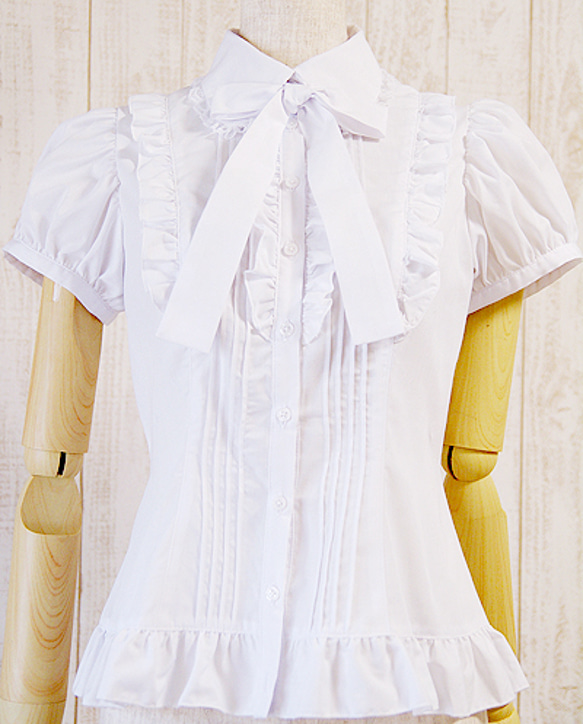 【受注製作】リボンタイピンタックブラウス（半袖・白） ブラウス Angel_Fish 通販 1864517｜Creema(クリーマ)
