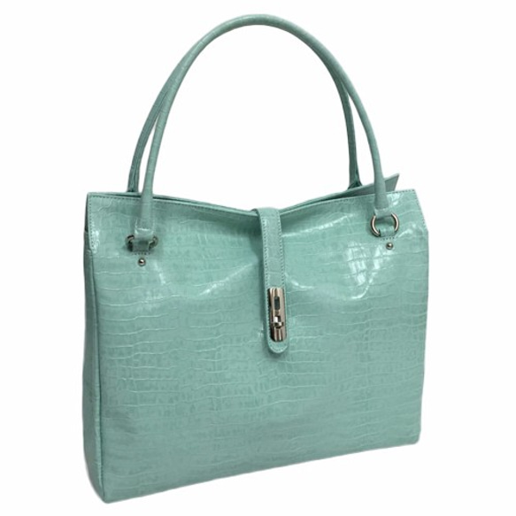 オール牛革 本革バッグ トートバッグ ハンドバッグ ヒネリ金具付き 軽量 リアルレザー クロコ型 ライトブルー トートバッグ 【日本製 ...