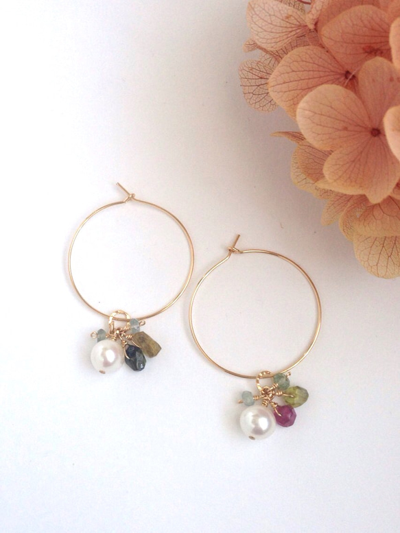 14KGF 淡水パールとトルマリンのフープピアス ピアス（フープ） Lumiere 通販｜Creema(クリーマ)