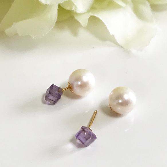 アメジストとあこやパールピアスキャッチのK18ゴールドスタッドピアス ピアス（スタッド・一粒） アイレジュエリー 通販｜Creema(クリーマ ...