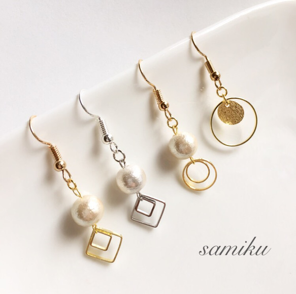 コットンパールとフレームピアス ピアス（フック・チェーン） samiku 通販 3390116｜Creema(クリーマ)