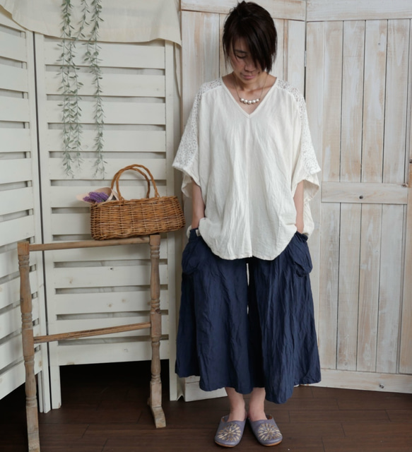 【受注製作】肩レースギャザーシャツ(オフホワイト）＊クローバー柄ラッセルレース シャツ mako 通販 3683606｜Creema(クリーマ)