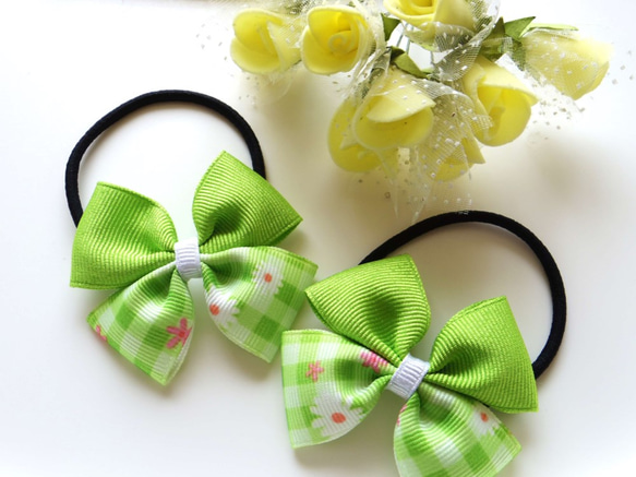 リボン大好き♪ グリーングリーンフラワー ヘアゴム 2個セット その他ヘアアクセサリー sirousako 通販 2432400｜Creema ...