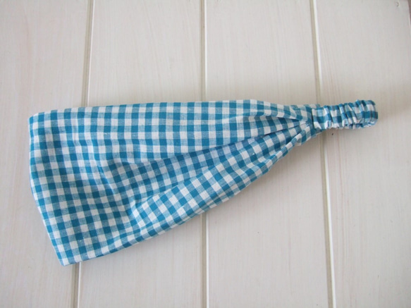 爽やか夏カラー ブルーギンガムチェック コットンリネンのゆるターバン**ヘアバンド ヘアバンド・ターバン nanairoKUJIRA 通販 ...