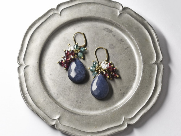 鉄紺色雫サファイアアゲートとガーネット、ハーキマーダイヤモンド、モスアゲートのピアス ピアス（フック・チェーン） ais... 通販 ...