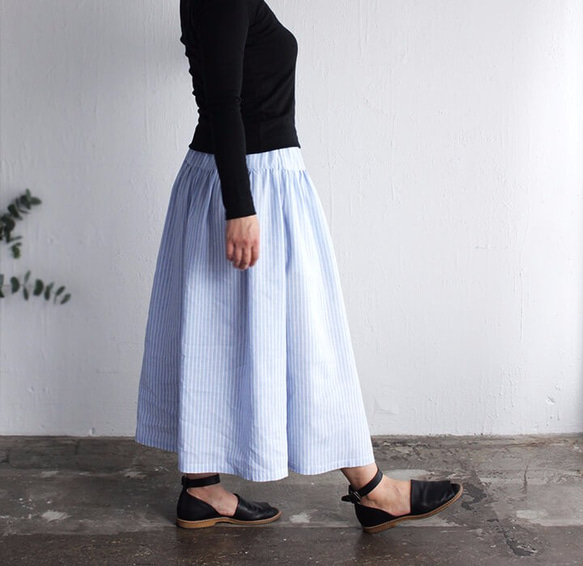 リネン ヨーク切り替えギャザースカート （ストライプ＊ライトブルー） ロングスカート（マキシ丈） alin 通販 4388723｜Creema ...