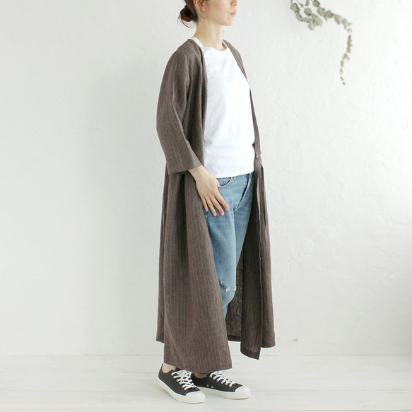 リネン カシュクール 羽織りワンピース （ブラウンストライプ） ワンピース alin 通販｜Creema(クリーマ)