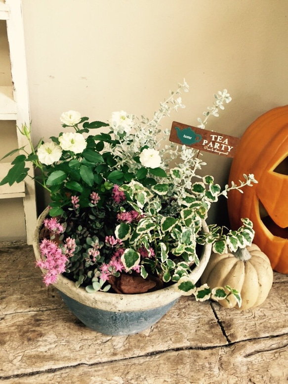 秋新作♡現品【ミニバラ入りガーデニング】お花とグリーン！青系陶器入り♡ アートフラワー 雅楽 うた 通販 2816957｜Creema(クリーマ)