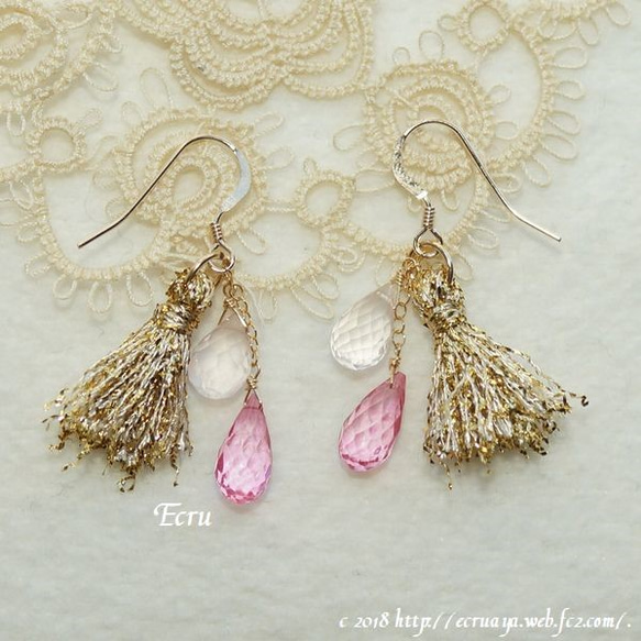 *金の糸銀の糸*タッセルとピンクの石のピアス ピアス（フック・チェーン） 綾 通販｜Creema(クリーマ) 5283589